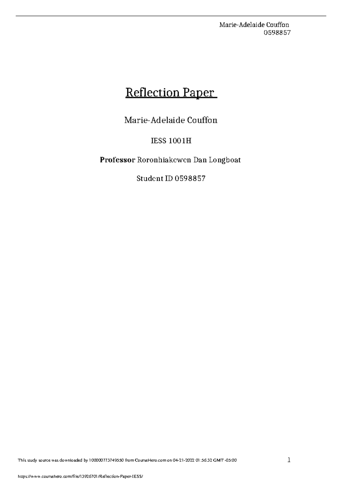 Reflection Paper IESS - 0598857 Reflection Paper Marie-Adelaide Couffon ...