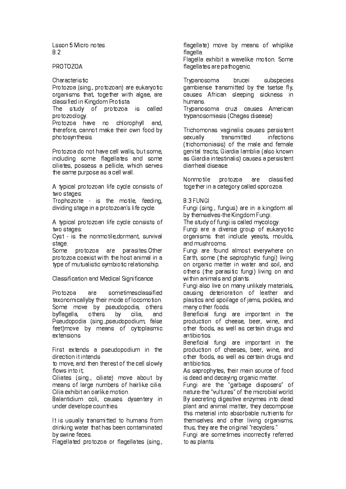 Lsson+5+Micro+notes - Lsson 5 Micronotes B. 2 PROTOZOA Characteristic ...