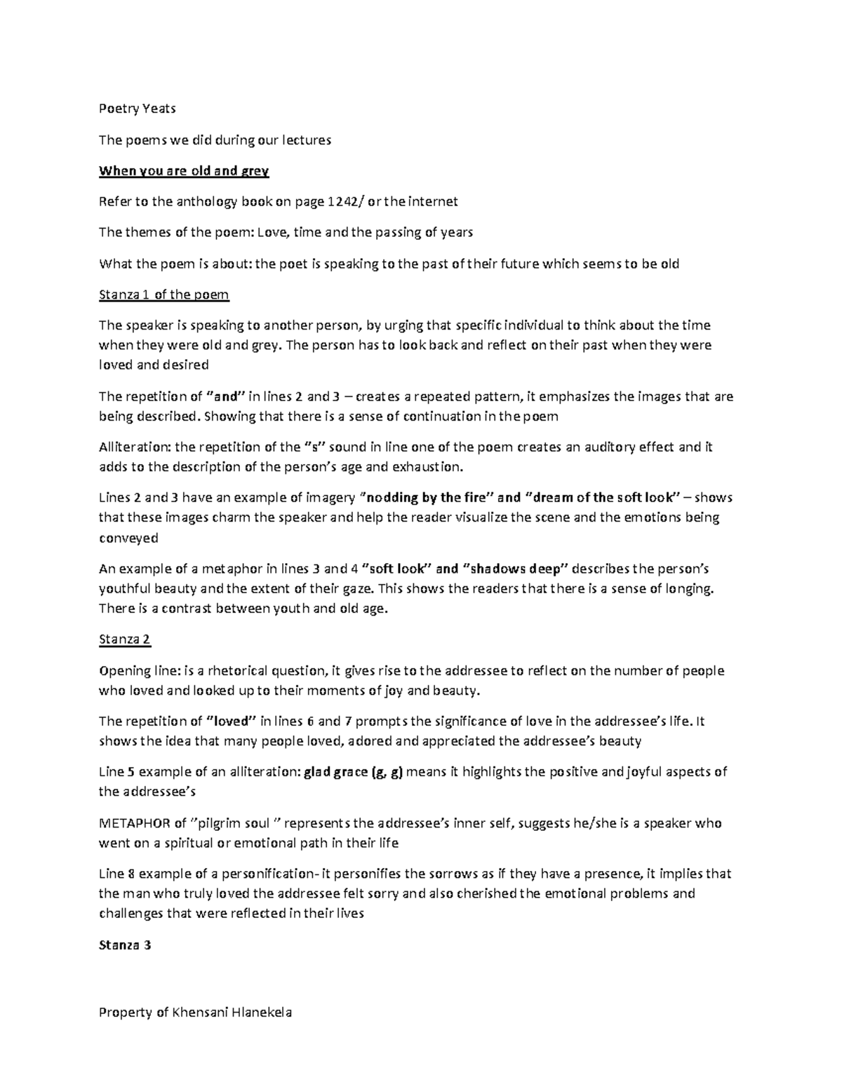 Poetry Yeats - Poetry Yeats The poems we did during our lectures When ...