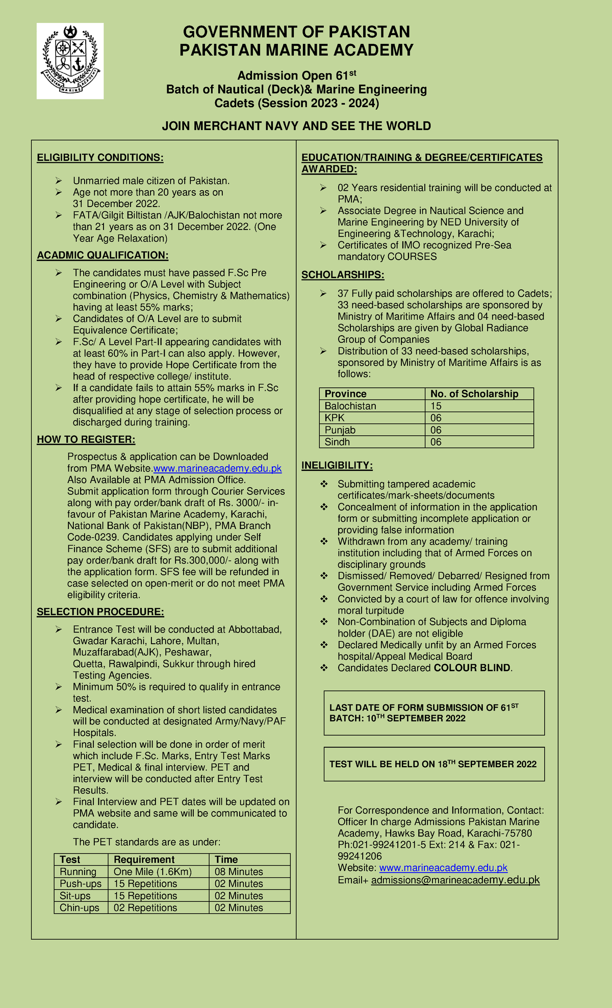 Advertisment-61st-Batch - GOVERNMENT OF PAKISTAN PAKISTAN MARINE ACADEMY Admission Open 61st ...