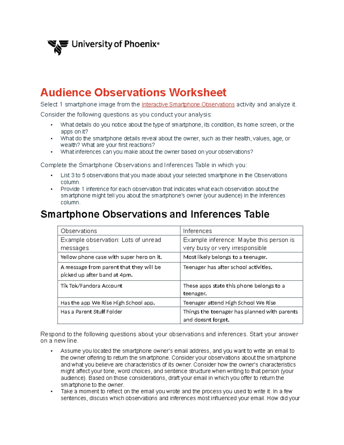 Eng210 v3 wk1 audience observations worksheet - Audience Observations Worksheet Select 1 ...