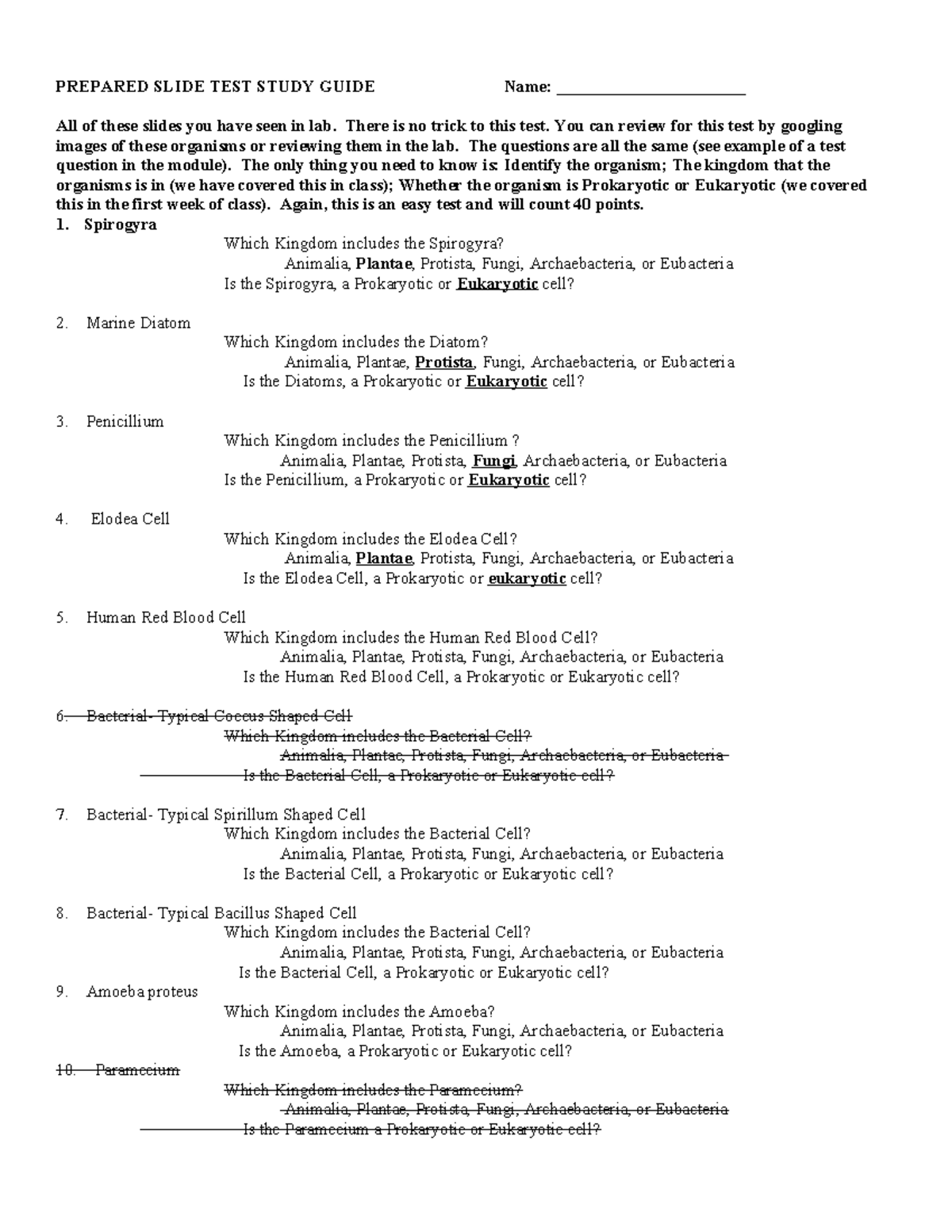 Lab Practical slide study guide - PREPARED SLIDE TEST STUDY GUIDE Name