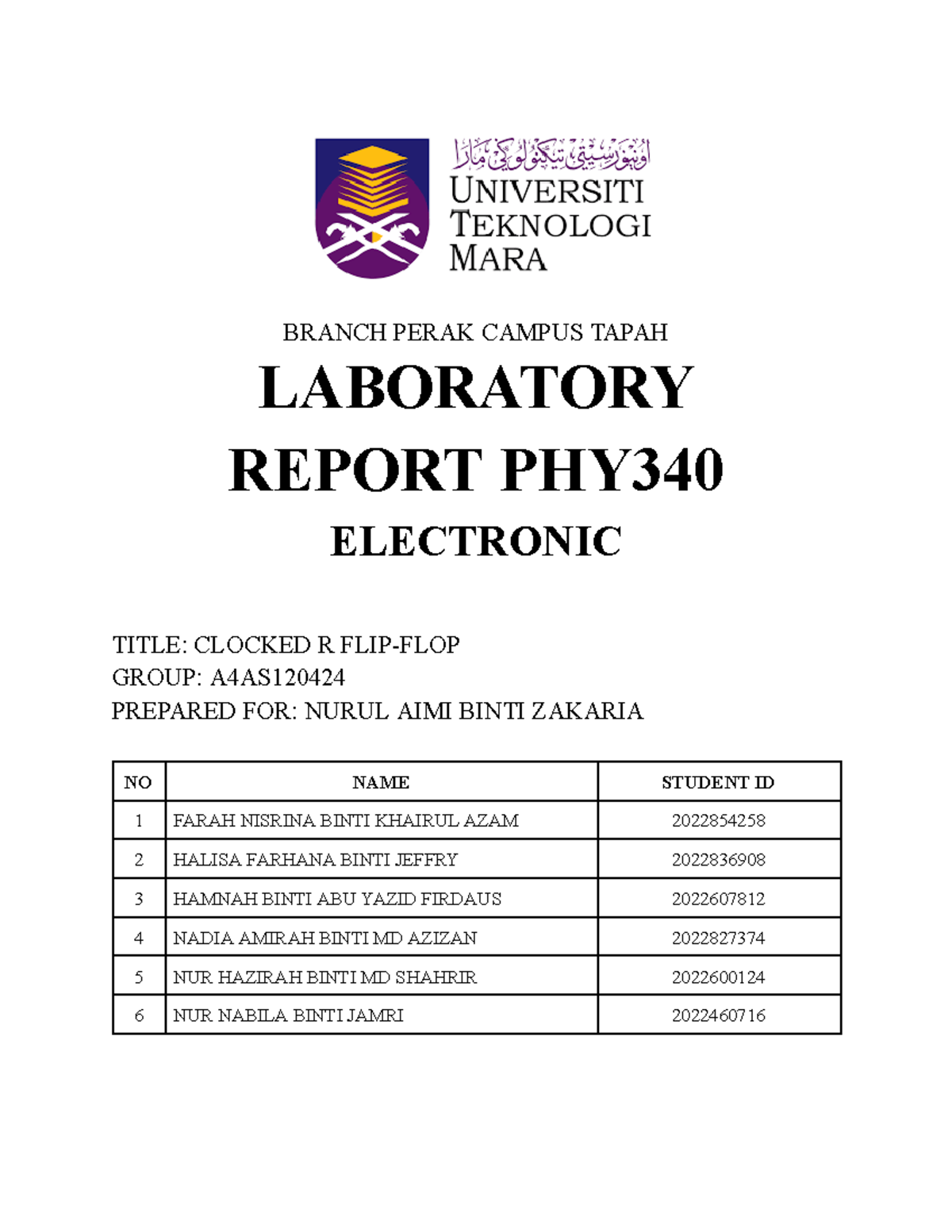 LAB Report PHY340 EXP 4 - BRANCH PERAK CAMPUS TAPAH LABORATORY REPORT PHY ELECTRONIC TITLE ...