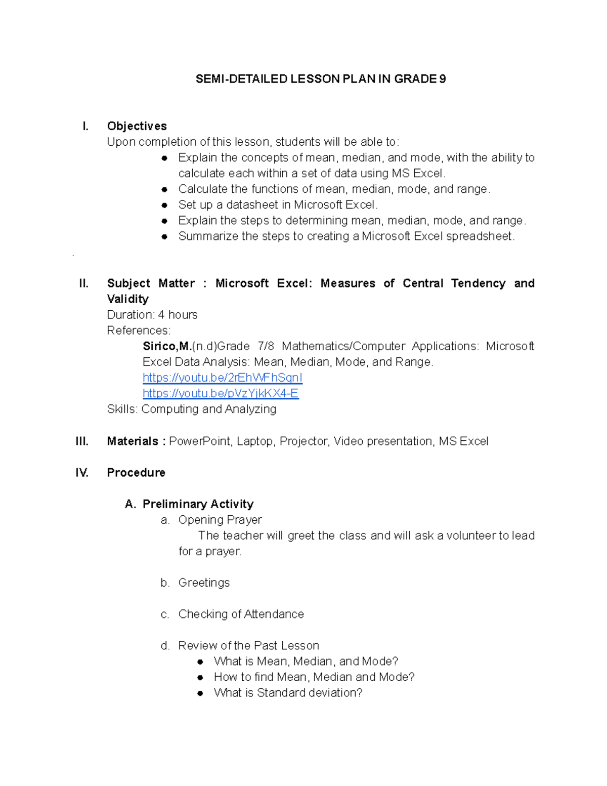 LP Excel Lesson Plan SEMI DETAILED LESSON PLAN IN GRADE 9 I