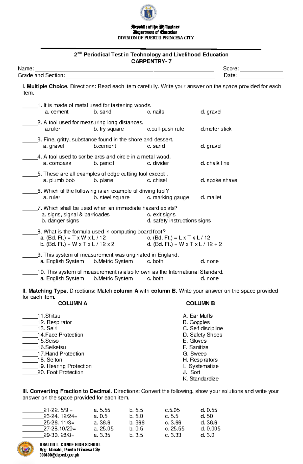 Finall 2ND Periodical TEST 2023 grade 7 TLe g9 g10 g11 ET - UBALDO L ...