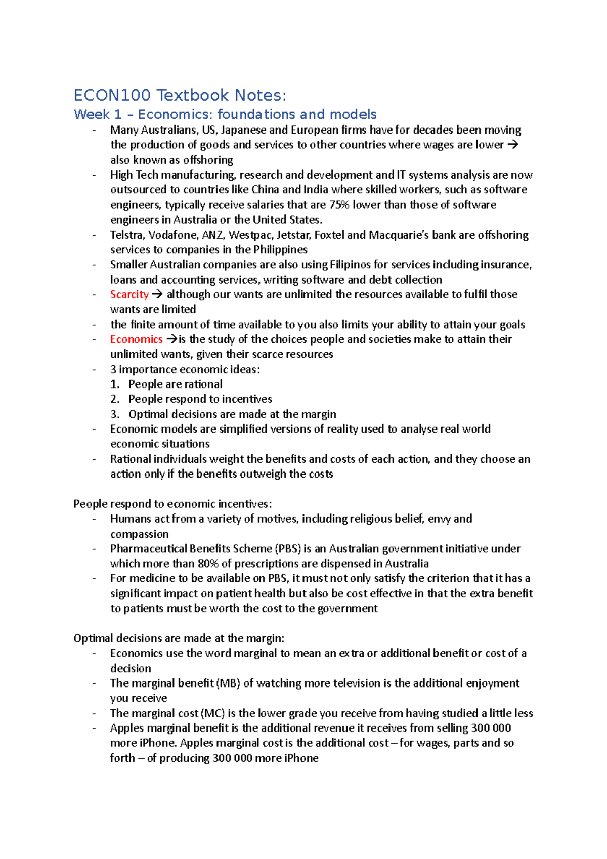 ECON100 Textbook Notes - ECON100 Textbook Notes: Week 1 – Economics ...