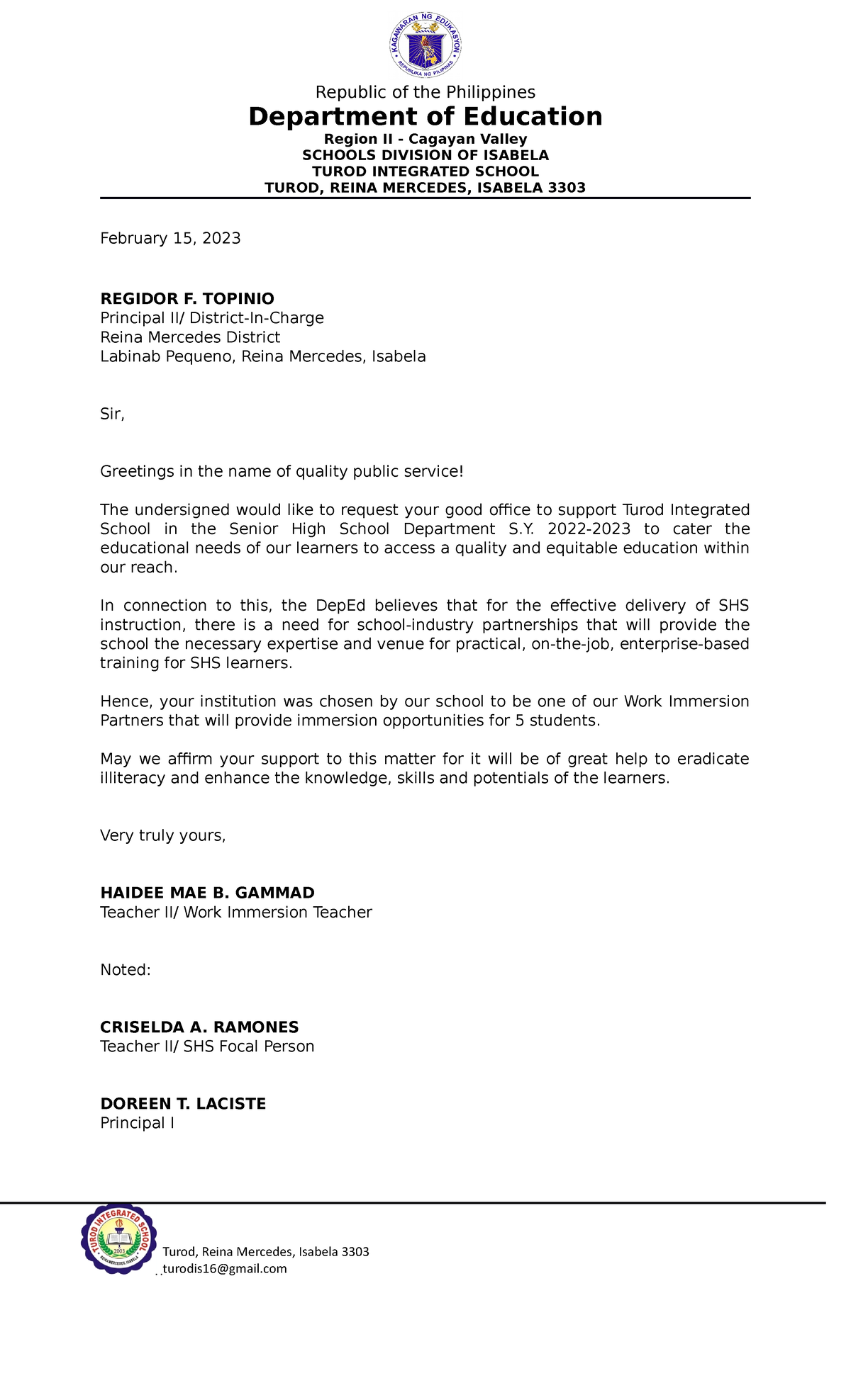 Letter-WI - Letter-Work Immersion-Approval Letter - Department of ...