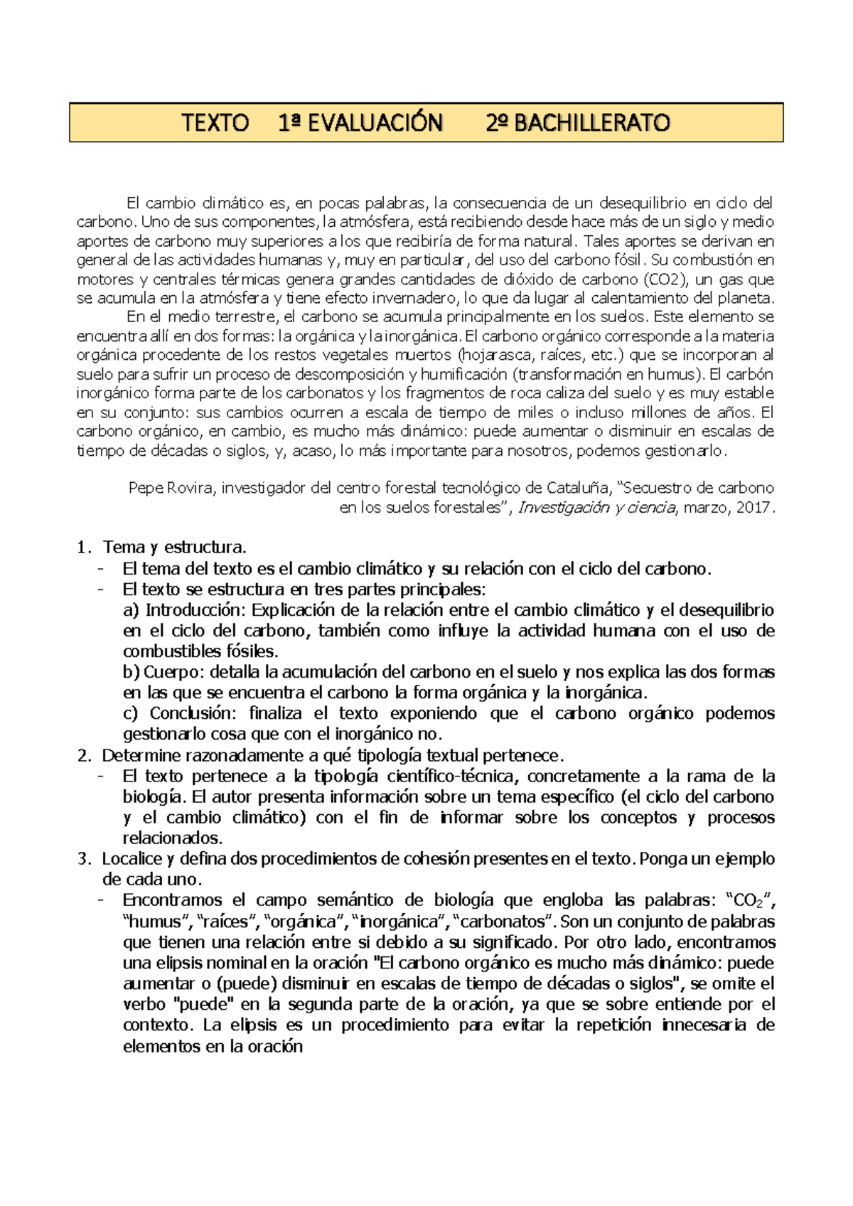 Comentario de texto lengua - TEXTO 1ª EVALUACIÓN 2º BACHILLERATO El ...
