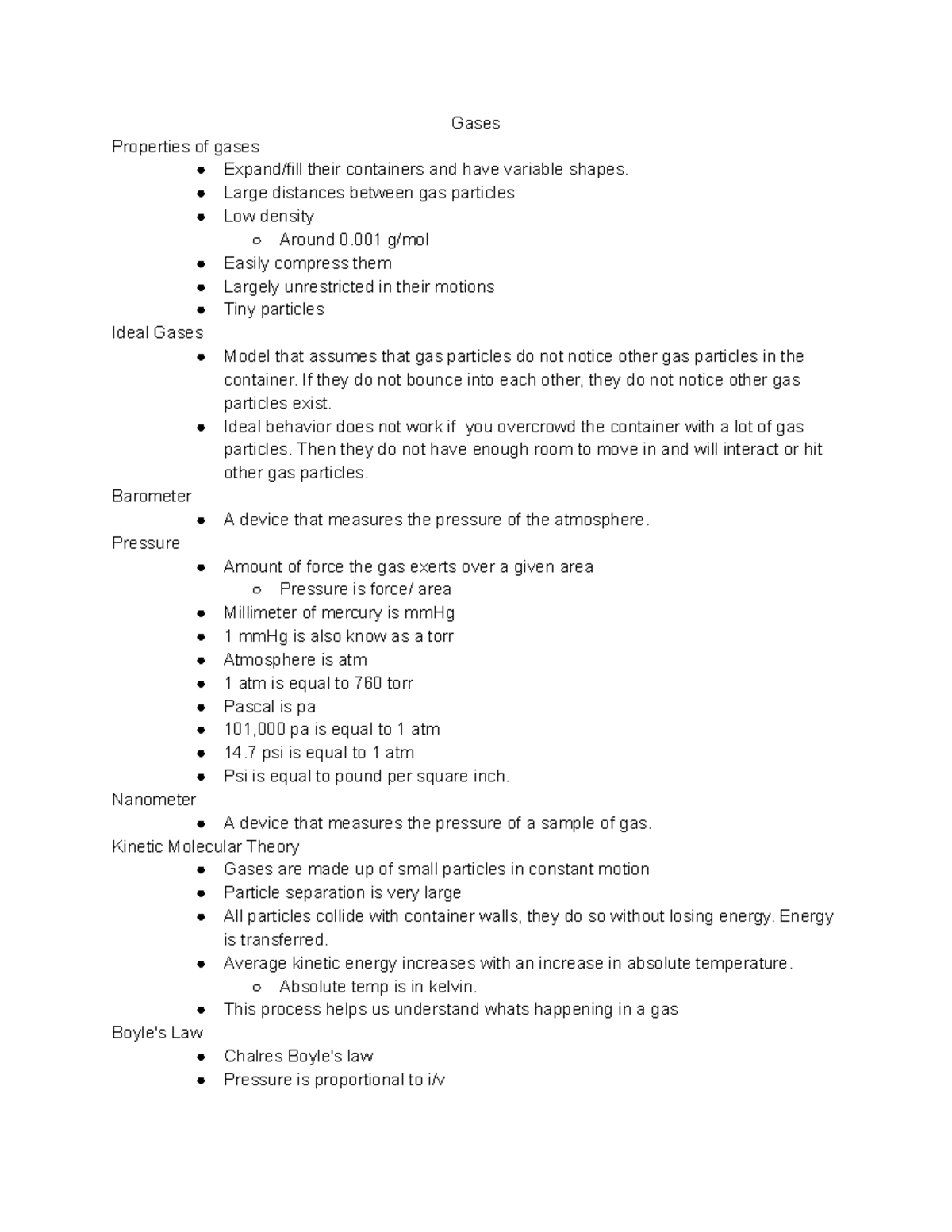 Chem Notes Chapter Five - Gases Properties of gases Expand/fill their ...