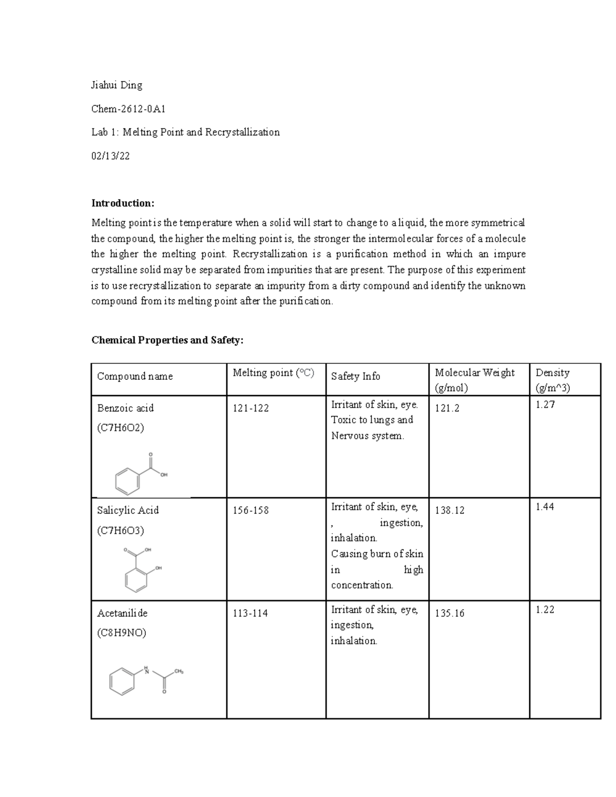 Melting point and Recrystallization lab Report - Jiahui Ding Chem-2612 ...