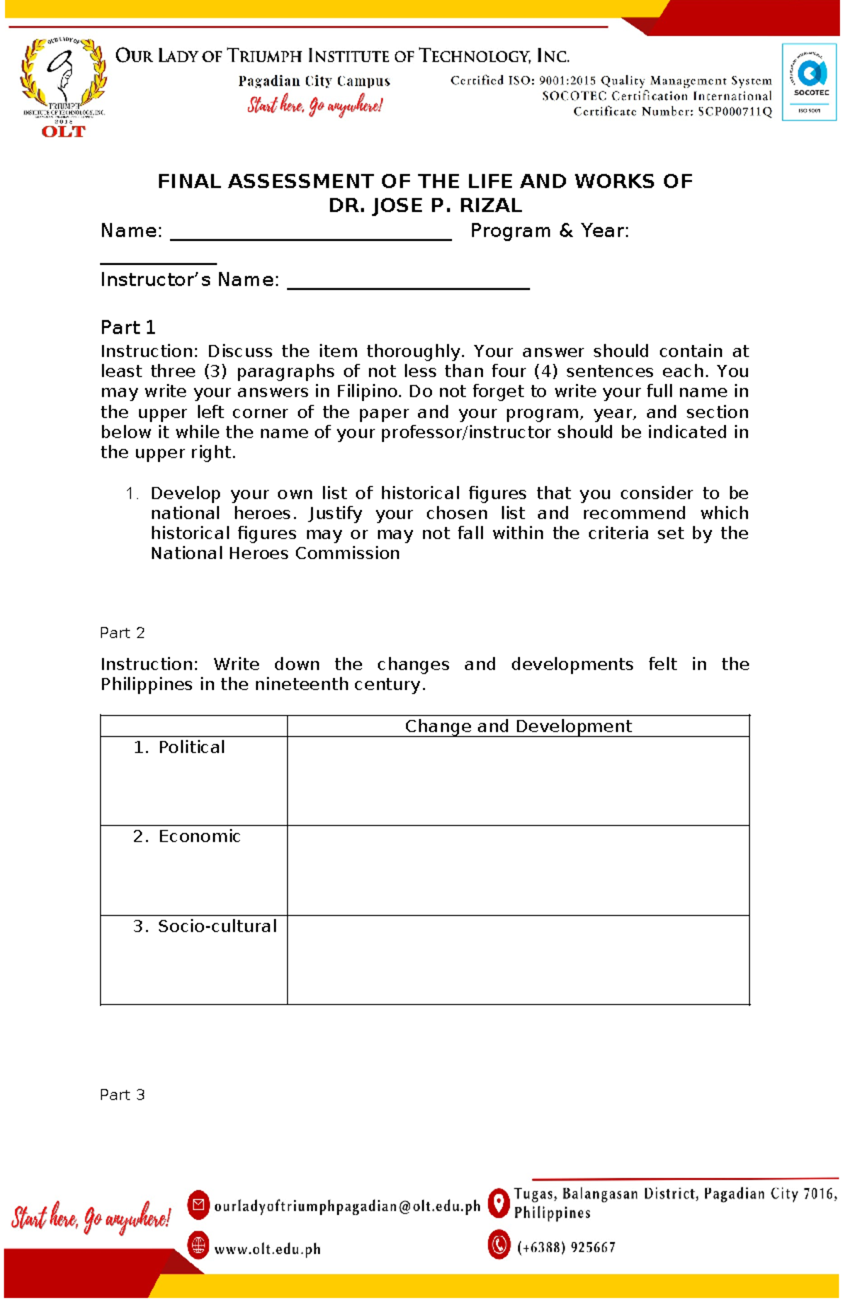 Rizal Activity 2 - PLEASE READ - FINAL ASSESSMENT OF THE LIFE AND WORKS OF DR. JOSE P. RIZAL ...