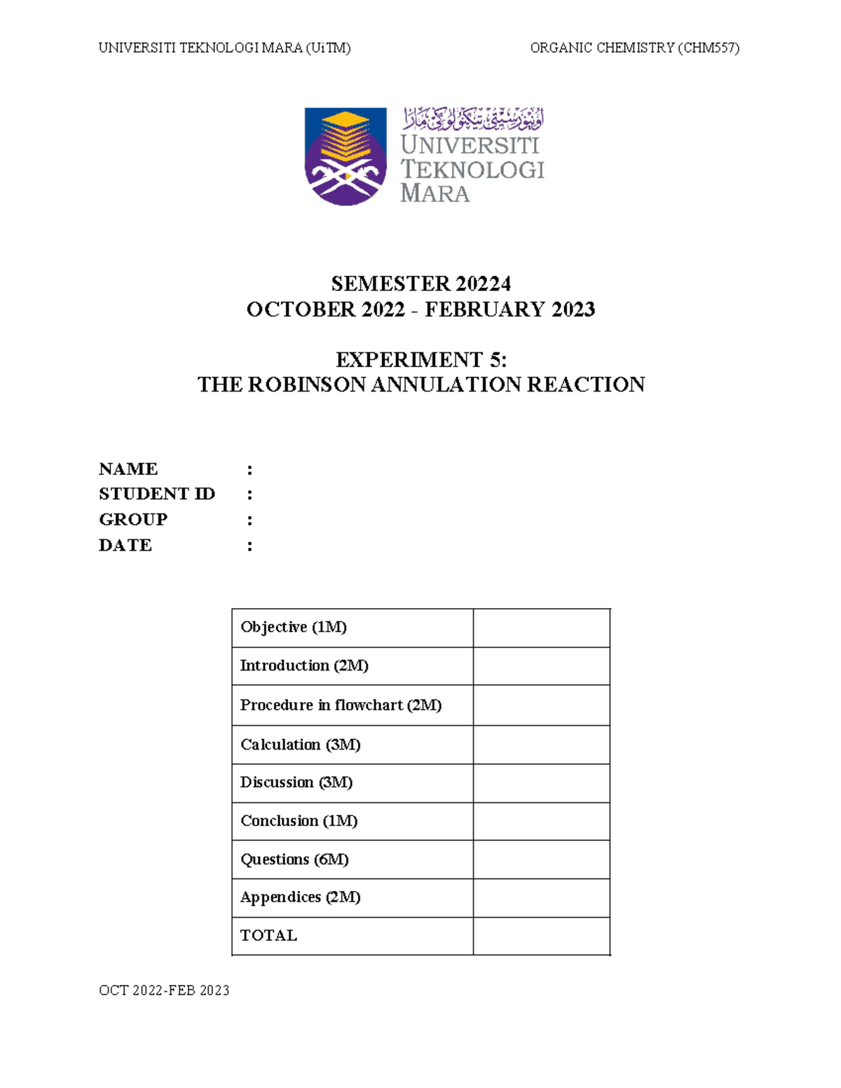 CHM557 Experiment 5 template - SEMESTER 20224 OCTOBER 2022 - FEBRUARY ...