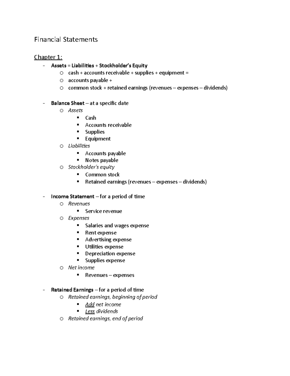 Financial accounting final - Financial Statements Chapter 1: - Assets ...