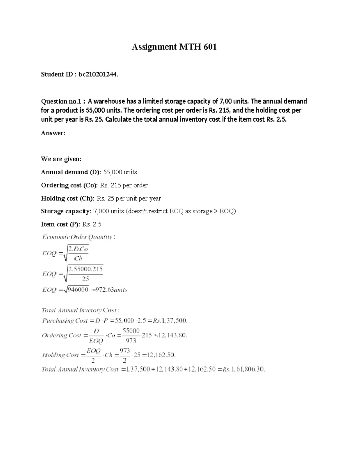 Assignment MTH 601 bc21020 - Assignment MTH 601 Student ID : bc210201244. Question no : A ...