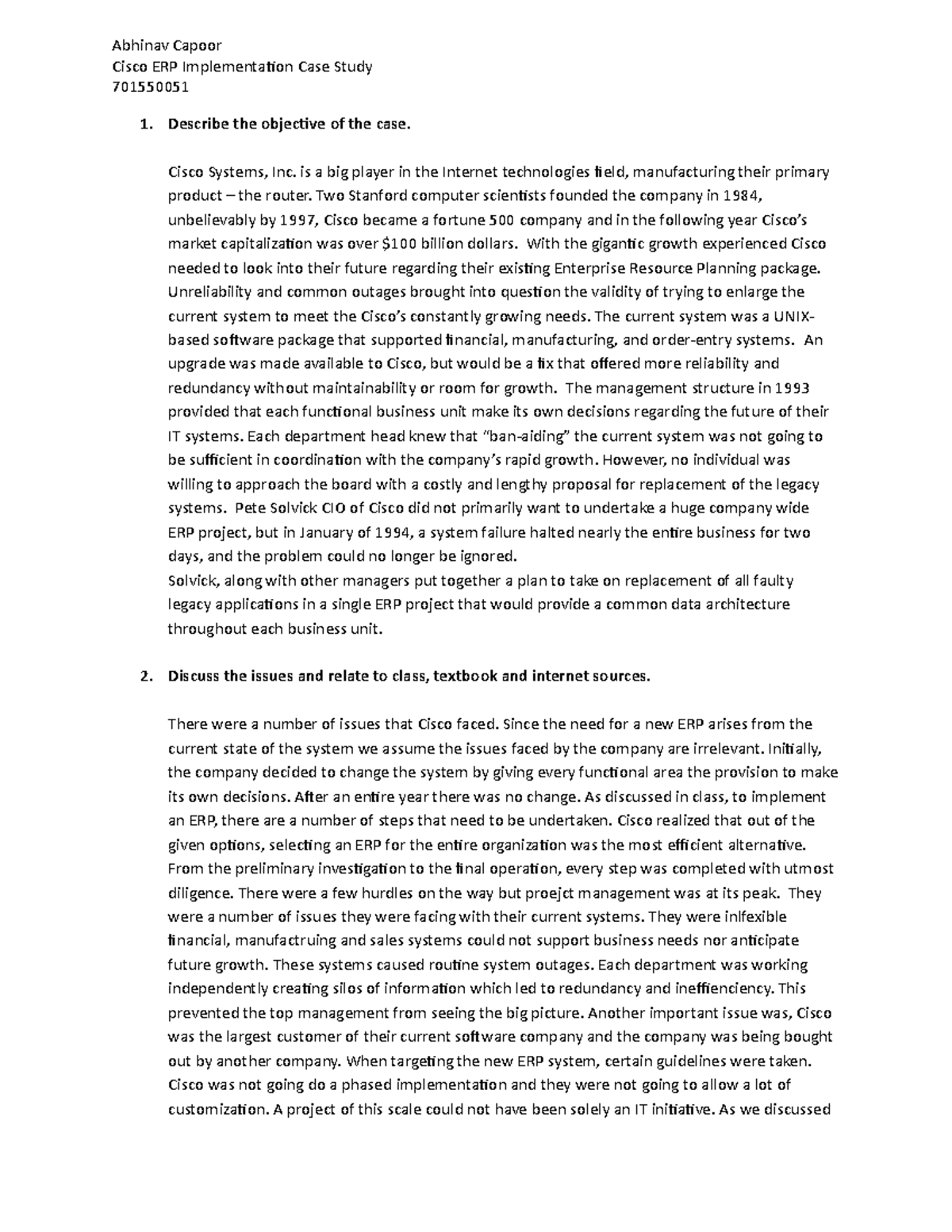 127340355 Cisco Case Study - Abhinav Capoor Cisco ERP Implementation ...