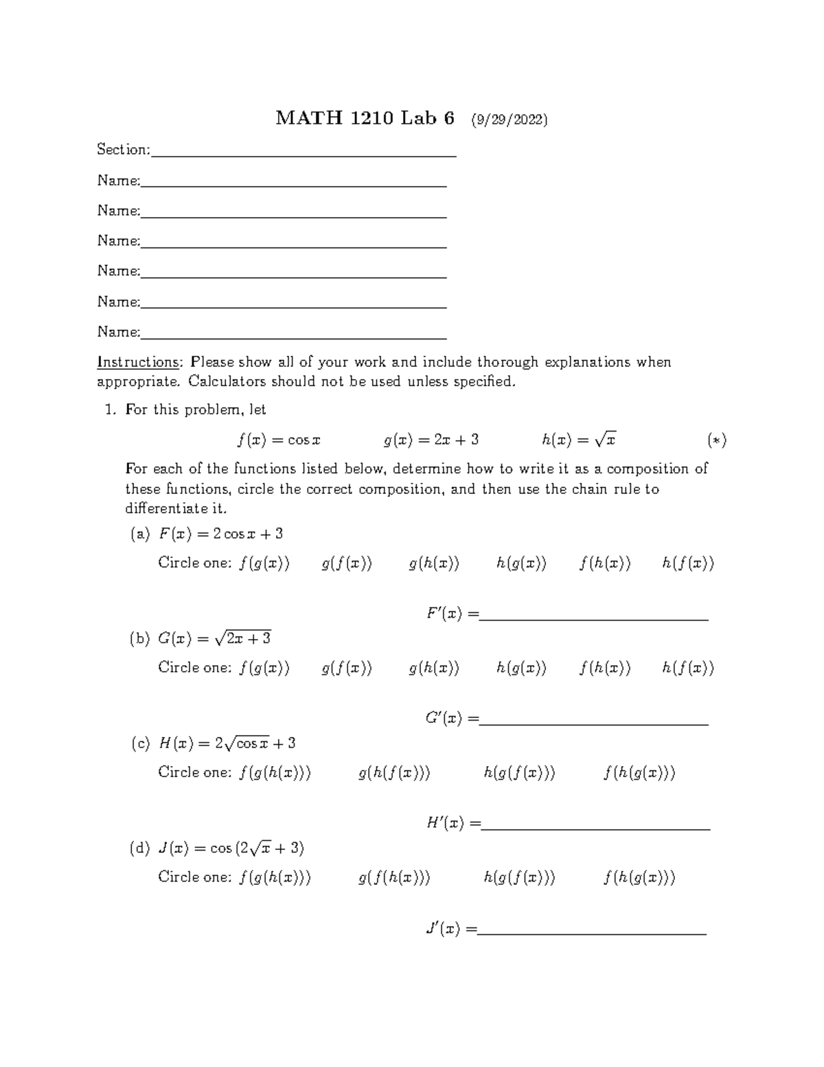 Lab6 - Lab6 - MATH 1210 Lab 6 (9/29/2022) Section: Name: Name: Name: Name: Name: Name ...