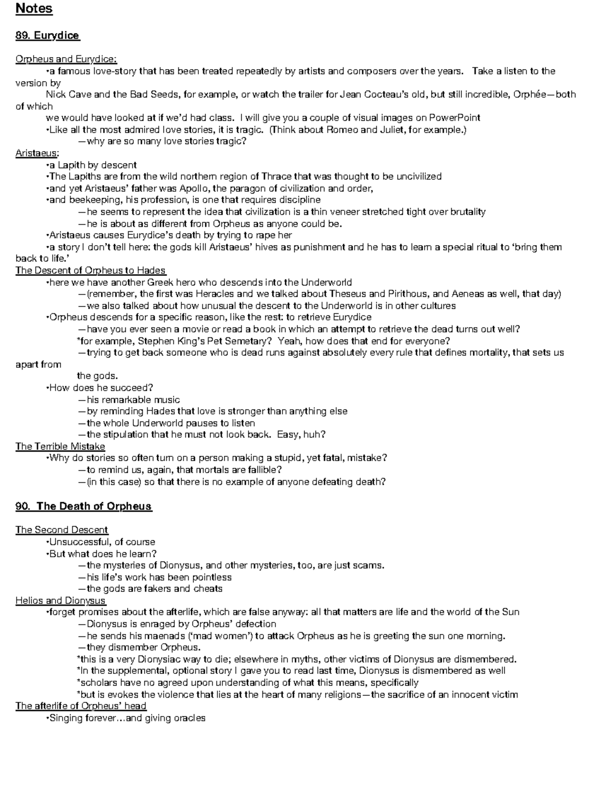 Day 26 Orpheus Part 2 - General lecture notes - Notes 89. Eurydice ...