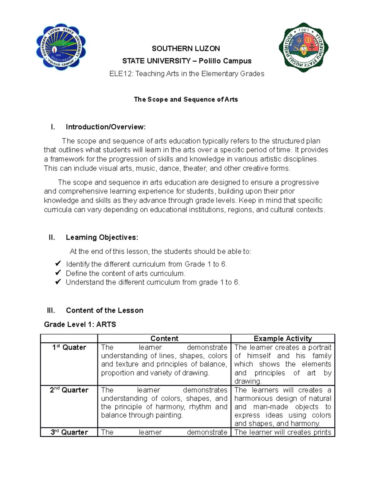 Scopesequence-of-art - SOUTHERN LUZON STATE UNIVERSITY – Polillo Campus ...