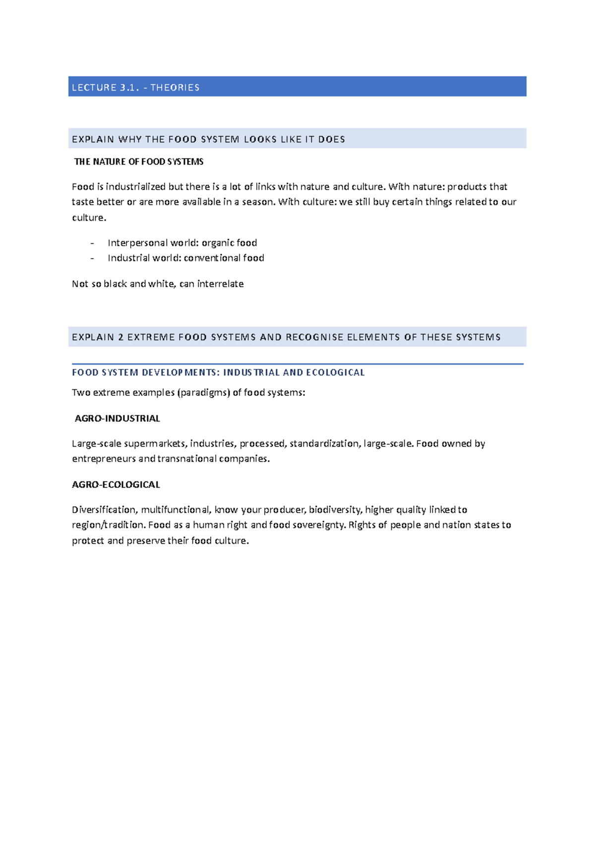 Summary Week 3 - LECTURE 3. - THEORIES EXPLAIN WHY THE FOOD SYSTEM ...