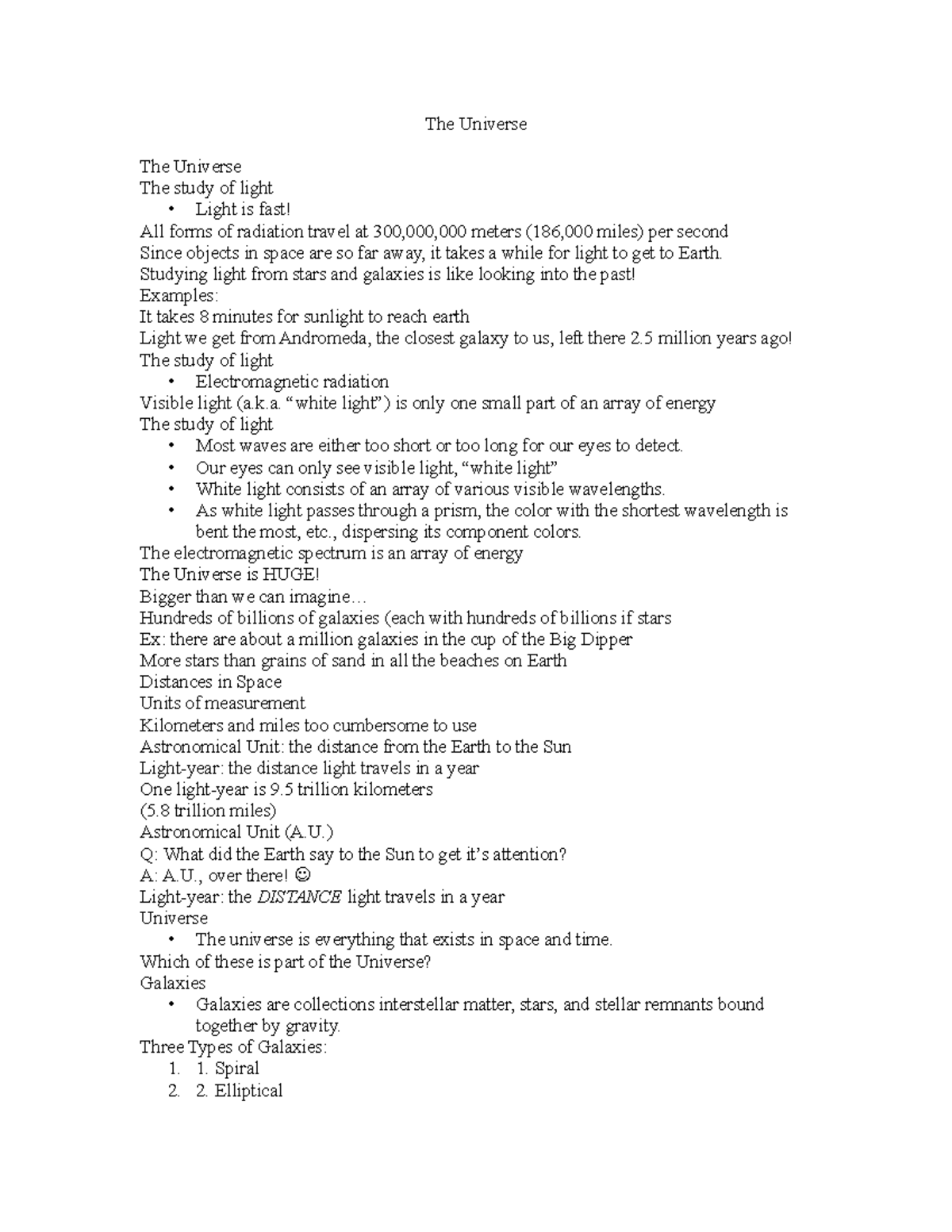 Notes The Universe - The Universe The Universe The study of light ...