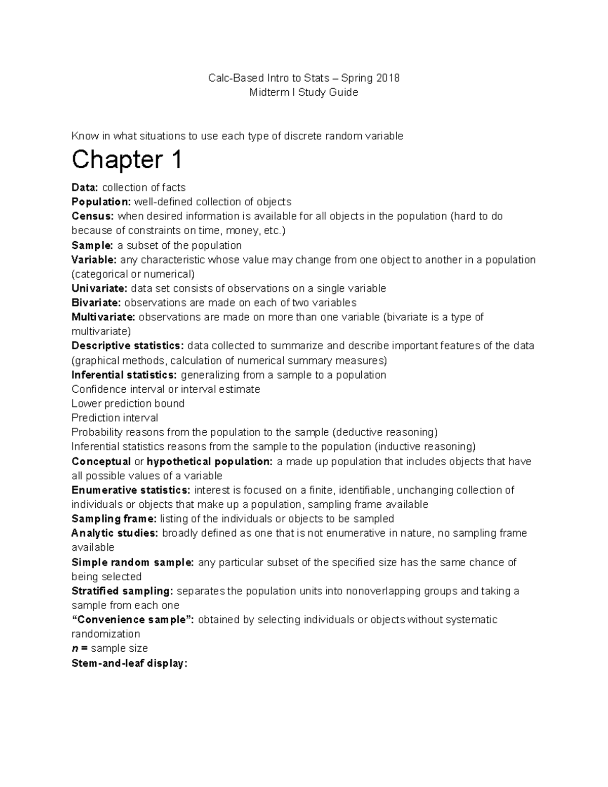 Midterm 1 - Summary Introduction to Statistical Reasoning - Calc-Based ...