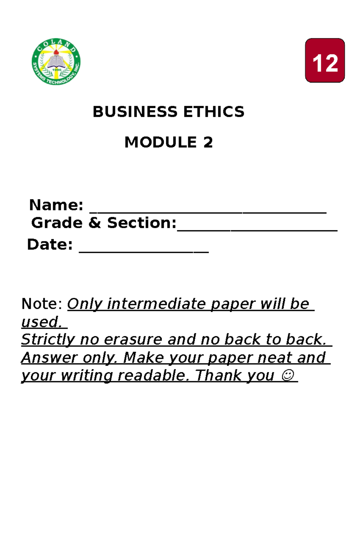 BUS - Lecture notes 1 - SHS BUSINESS ETHICS MODULE 2 Name
