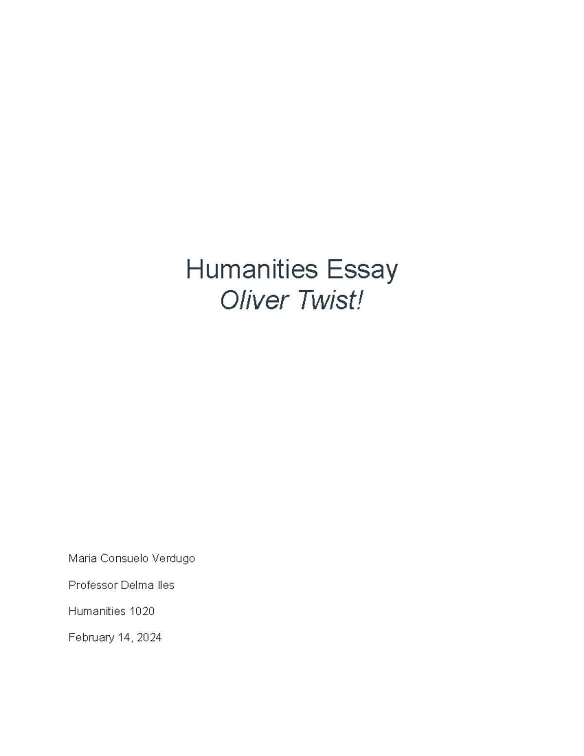 Essay-Oliver Twist - Humanities Essay Oliver Twist! Maria Consuelo ...