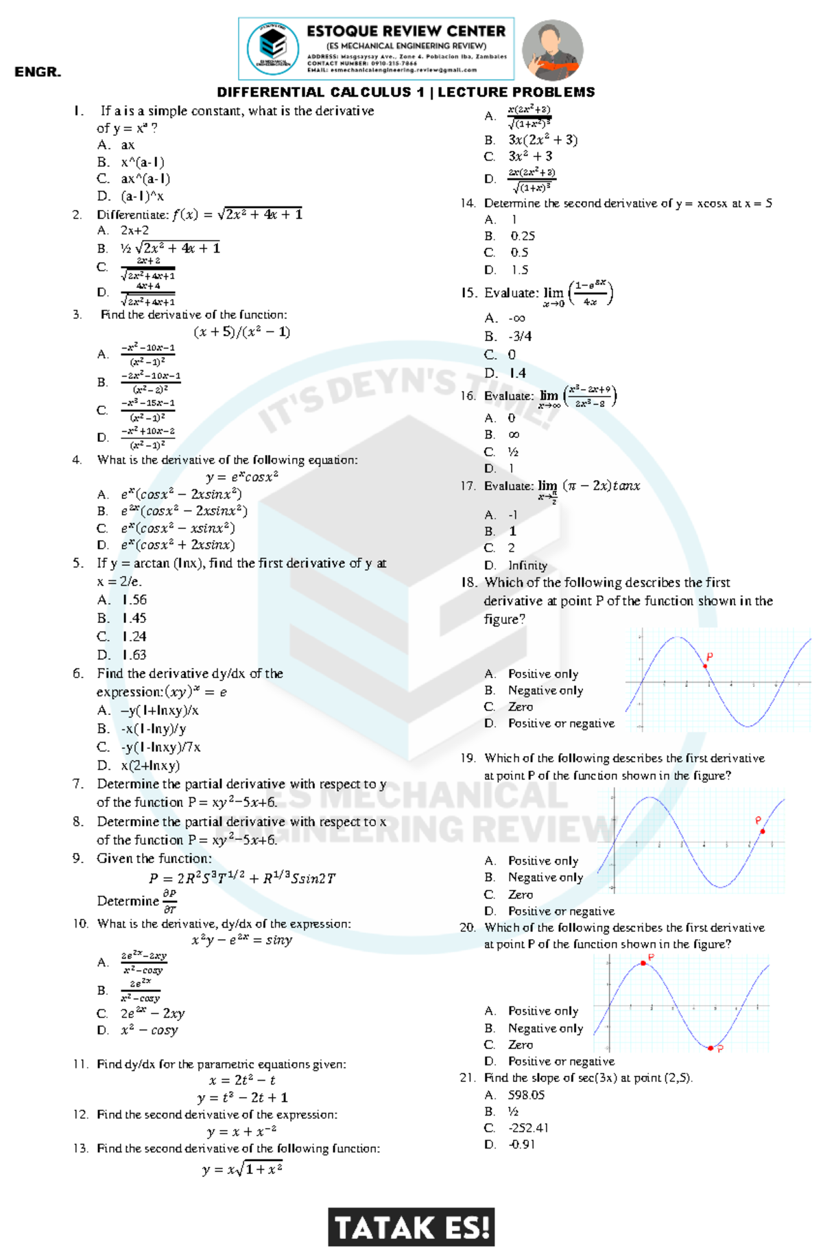 DAY 10 - Differential Calculus 1 l Lecture Problems - DIFFERENTIAL CALCULUS 1 | LECTURE PROBLEMS ...