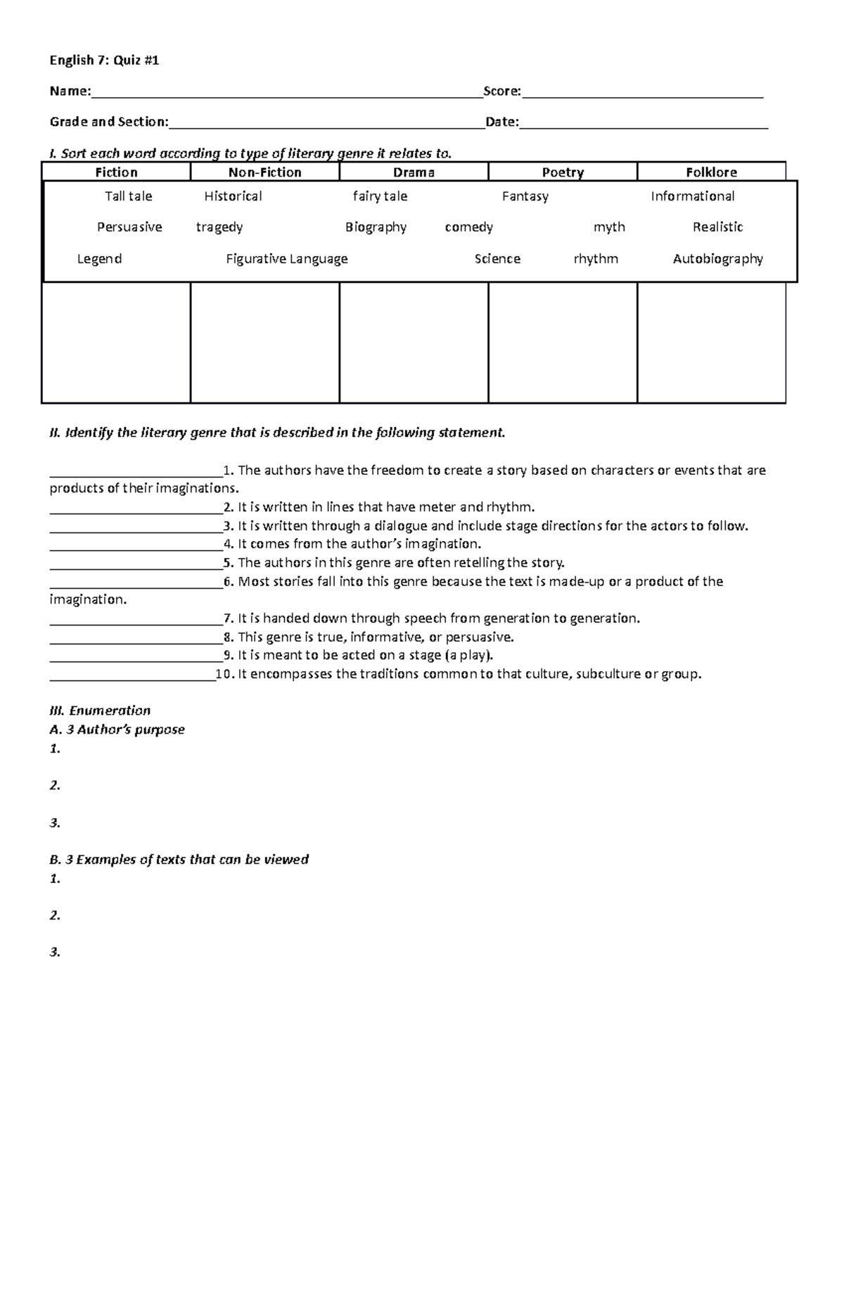English 7- Week 2- Literary Genre - English 7: Quiz # Name ...