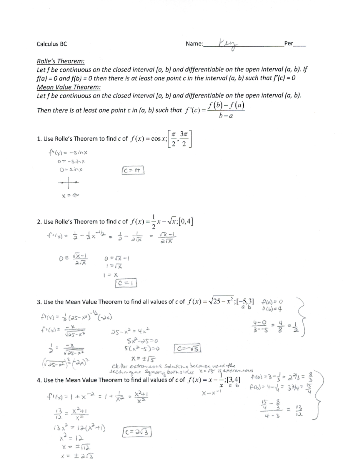 Key to 4-2 Rolles and Mean Value Theorem - Studocu