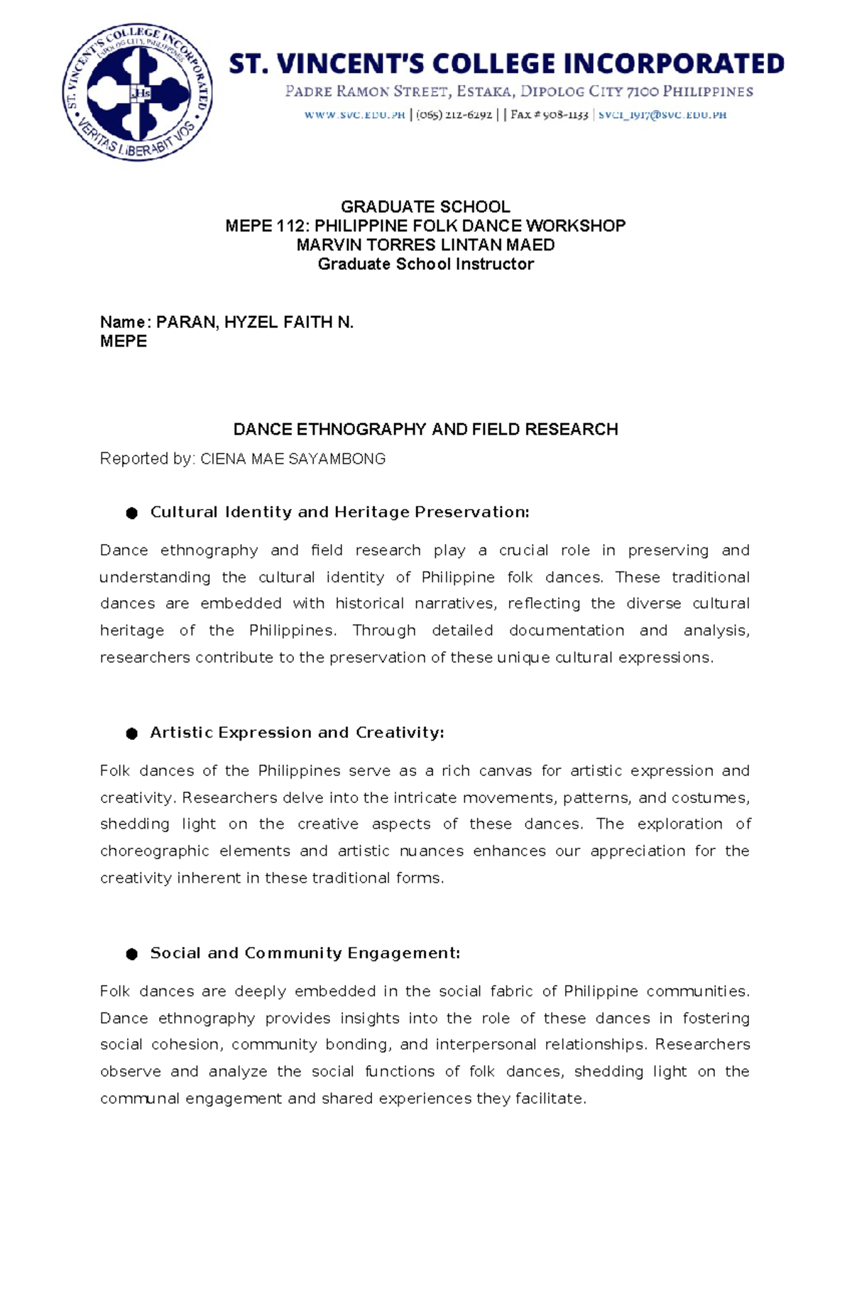 Dance Ethnography AND Field Research - GRADUATE SCHOOL MEPE 112 ...