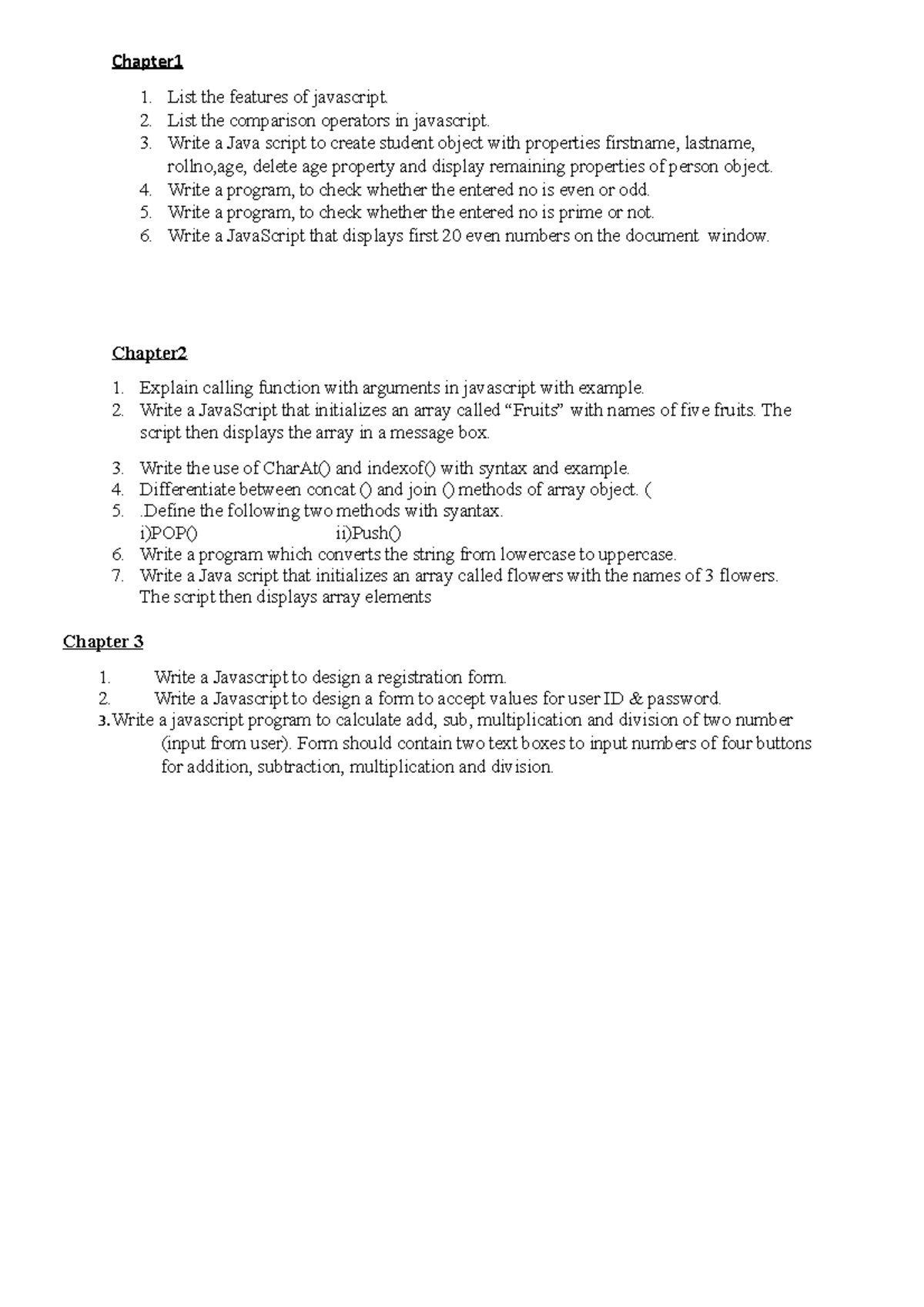 Question bank CT test - Chapter List the features of javascript. List ...