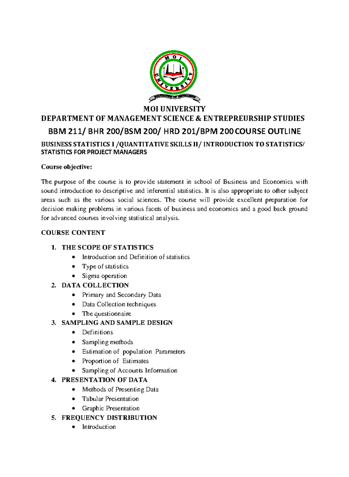 Statistics 1 - Topic 1 Introduction - MOI UNIVERSITY DEPARTMENT OF ...