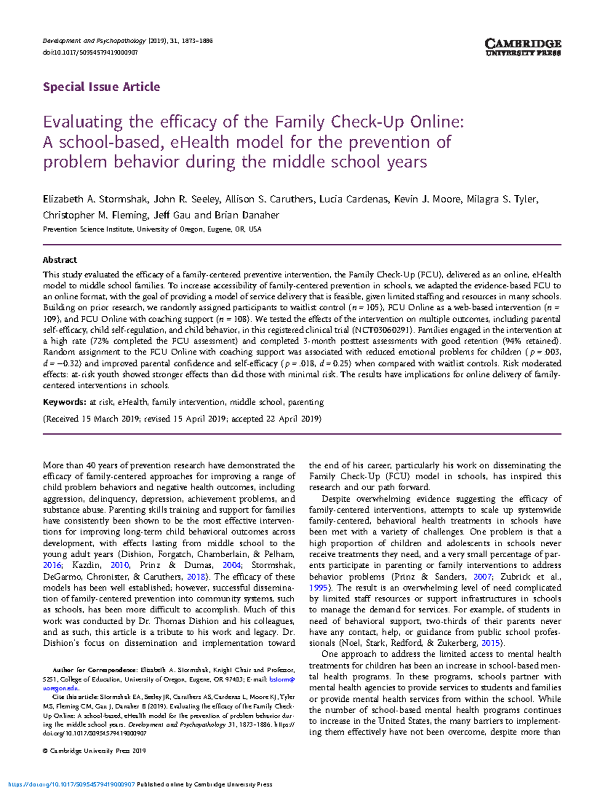 Evaluating the efficacy of the family check up online a school based ...