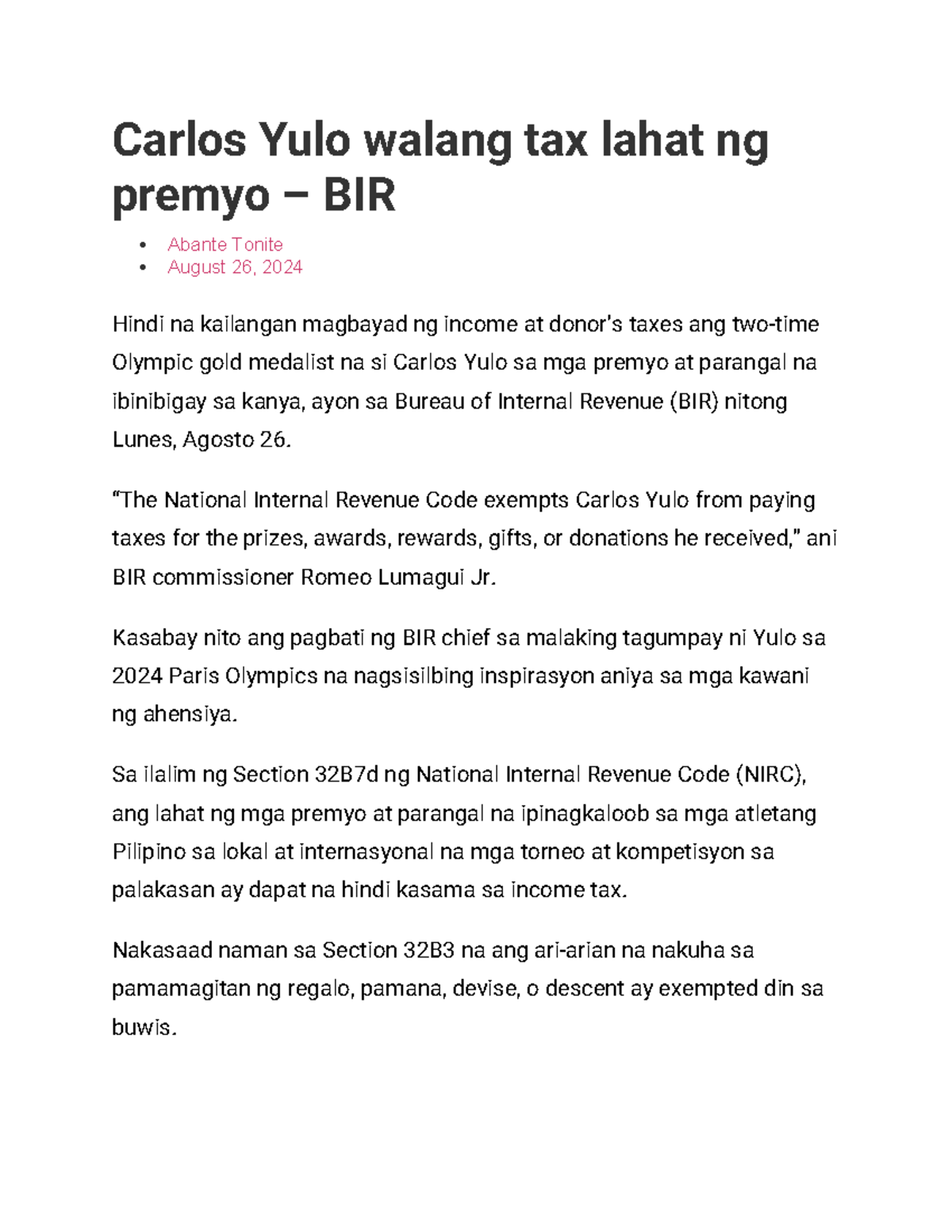Carlos Yulo walang tax lahat ng premyo - “The National Internal Revenue ...