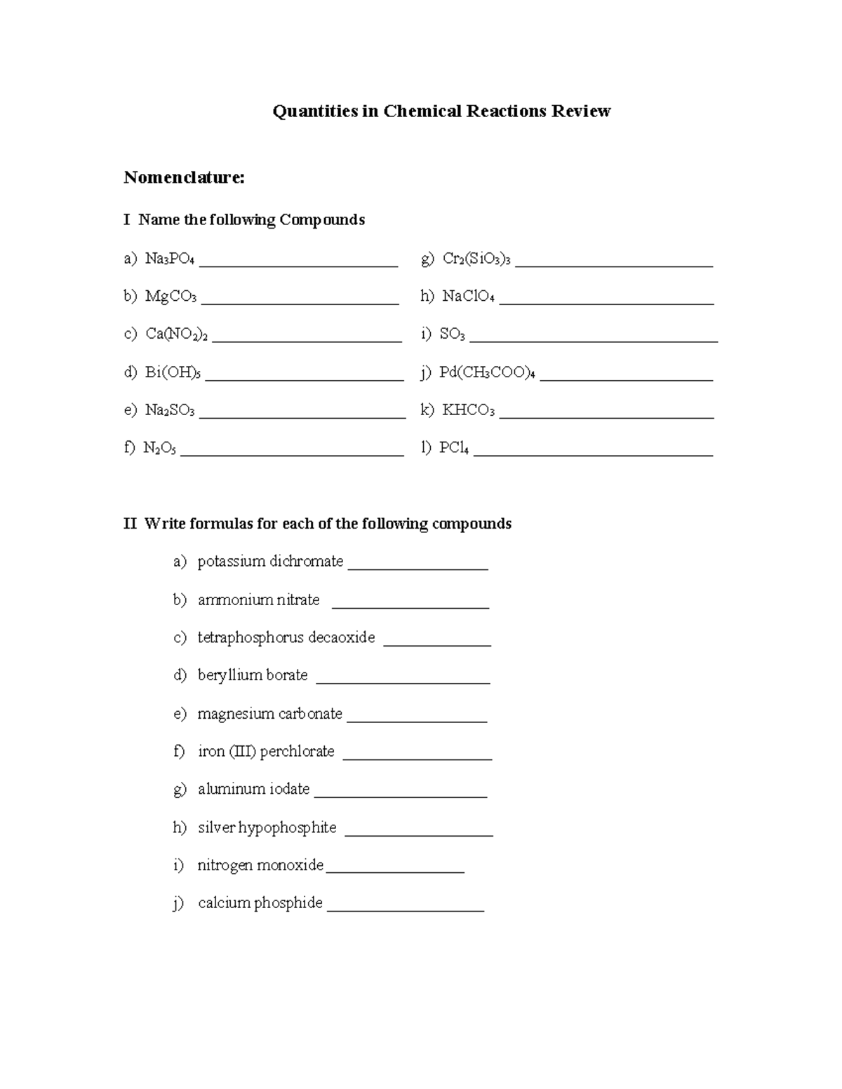 Quantities in Chemical Reactions Review NEW - Quantities in Chemical ...