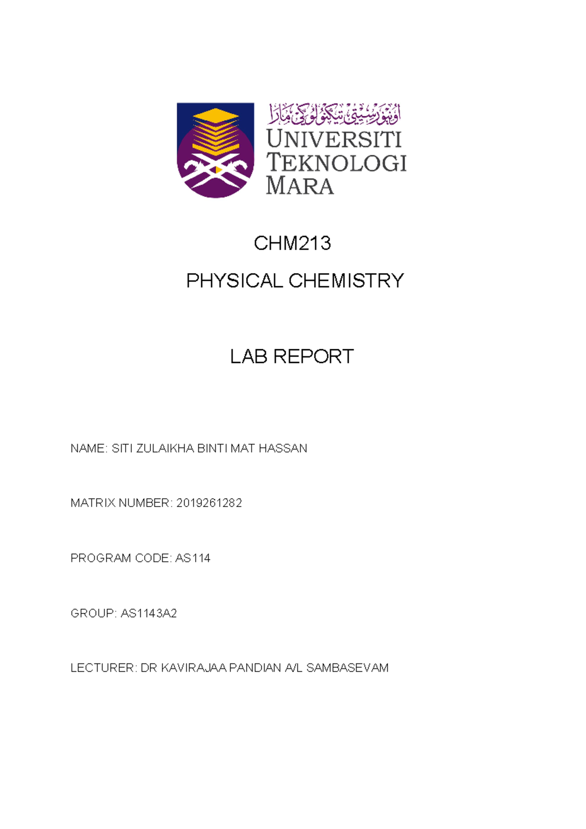 CHM213 [physical chemistry] Lab Report - CHM PHYSICAL CHEMISTRY LAB ...