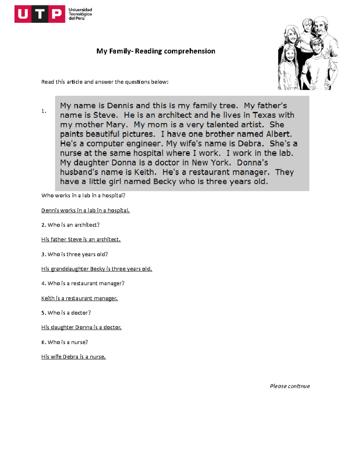 Week 9 - Topic 1 - My Family- Reading comprehension - My Family ...