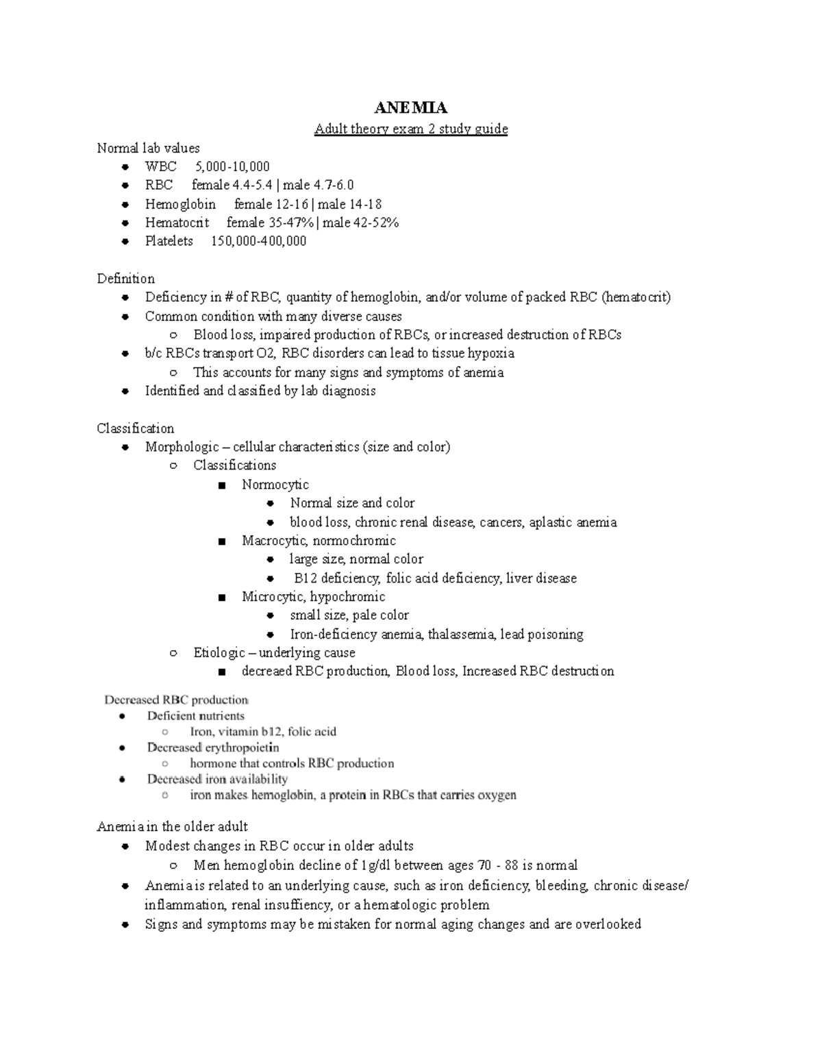 Anemia-adult theory exam 2 study guide - ANEMIA Adult theory exam 2 ...