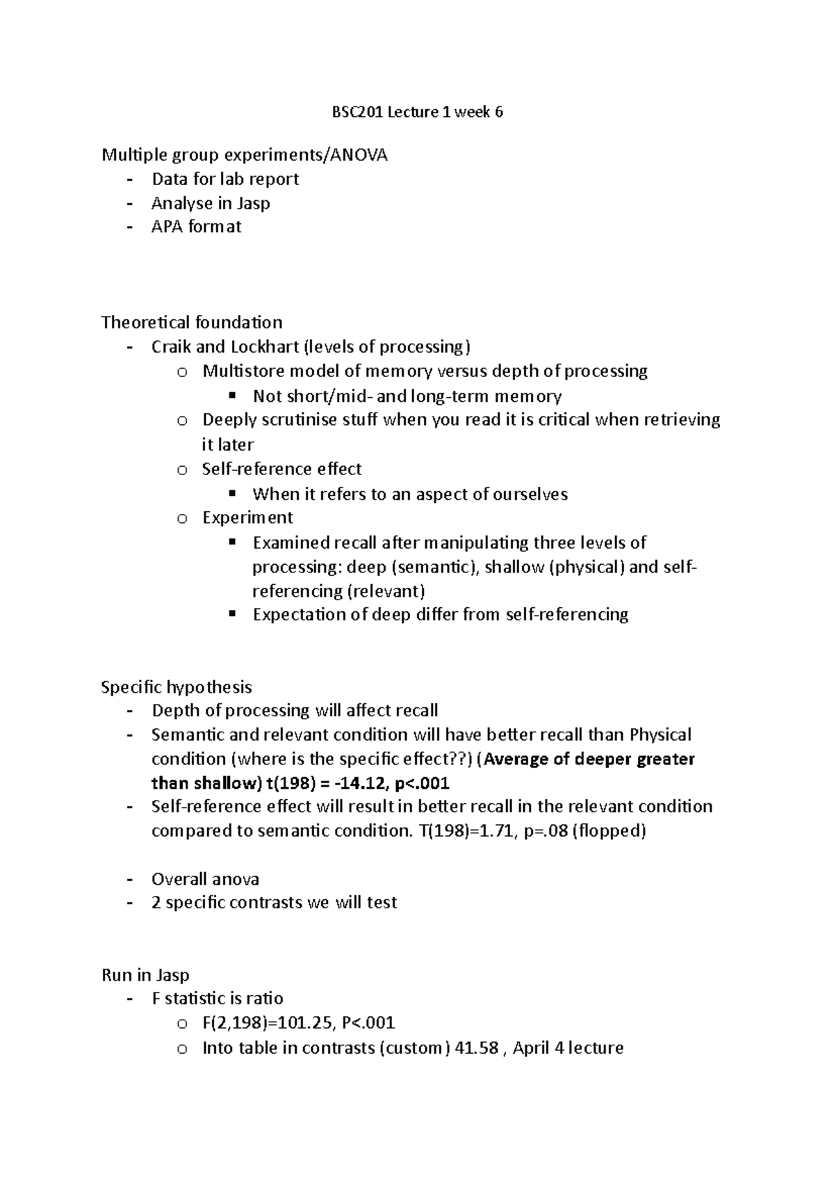 Lab report 1 Lecture - bsc201 - BSC201 Lecture 1 week 6 Multiple group ...