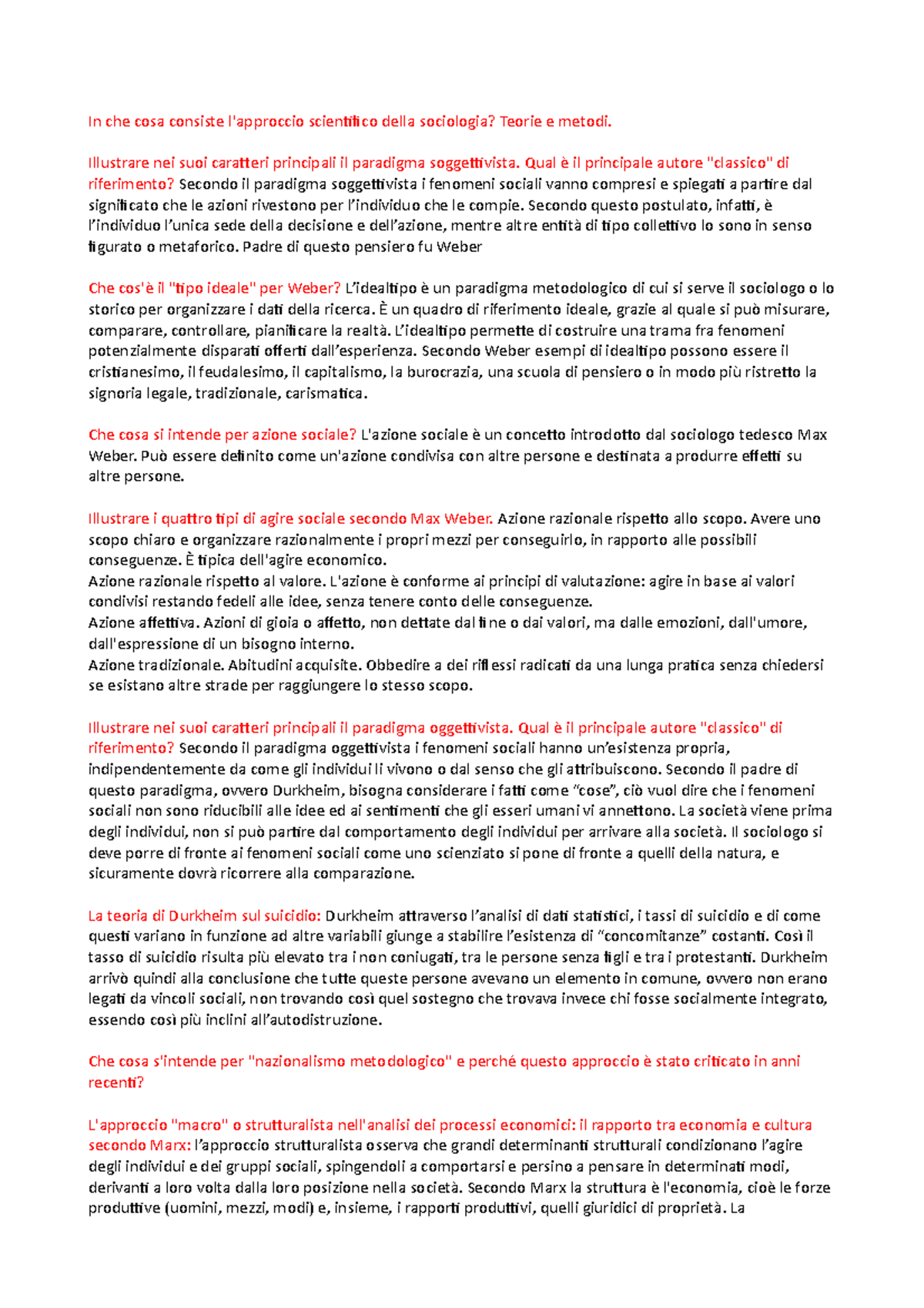 Domande sociologia - questions used to prepare for this exam - In che ...