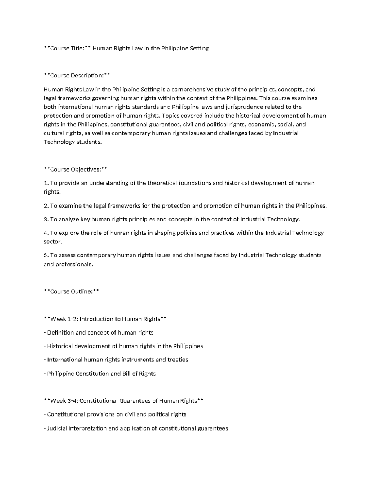 Human RIghts law COurse Outline - Course Title: Human Rights Law in the ...