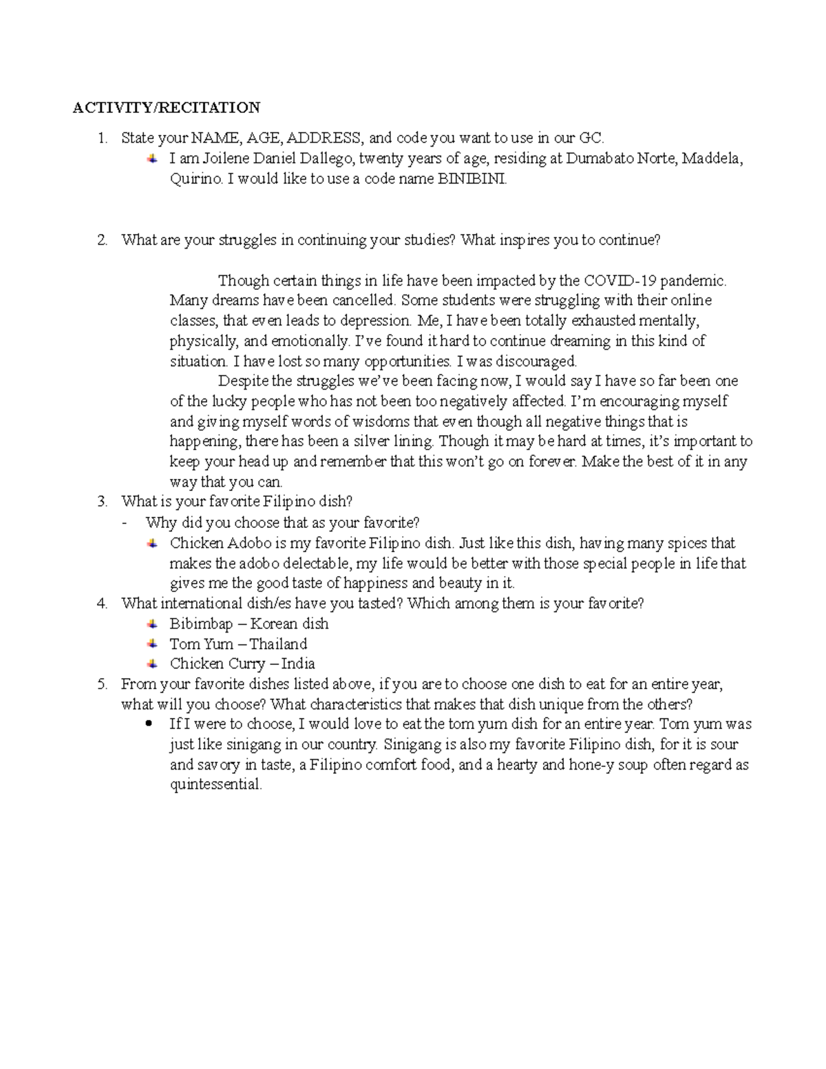 Hmpe 105 - n/a - ACTIVITY/RECITATION State your NAME, AGE, ADDRESS, and ...