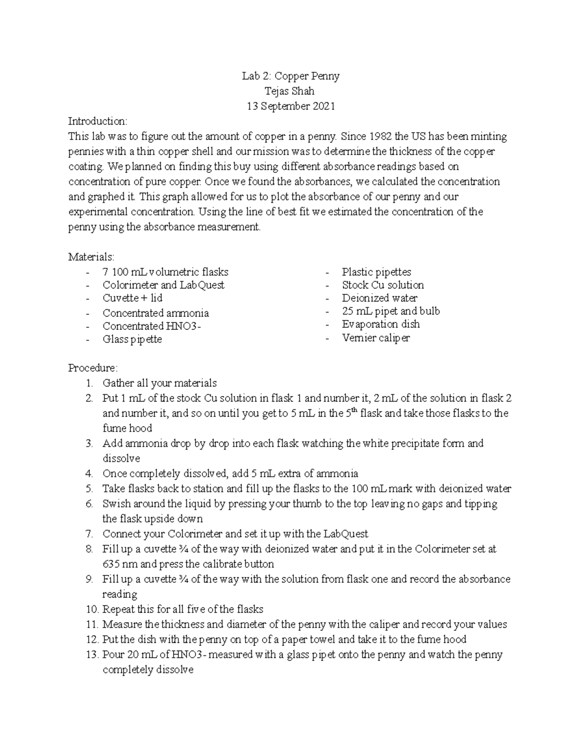 Lab 2 - lab 2 - Lab 2: Copper Penny Tejas Shah 13 September 2021 ...