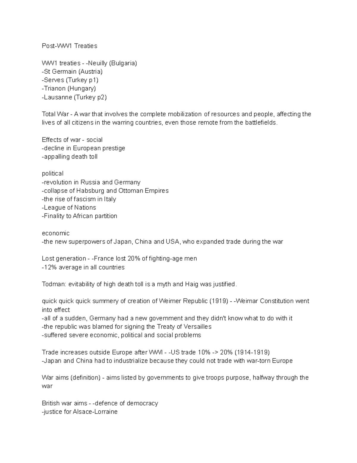 Post-WW1 Treaties - notes - Post-WW1 Treaties WW1 treaties -Neuilly ...