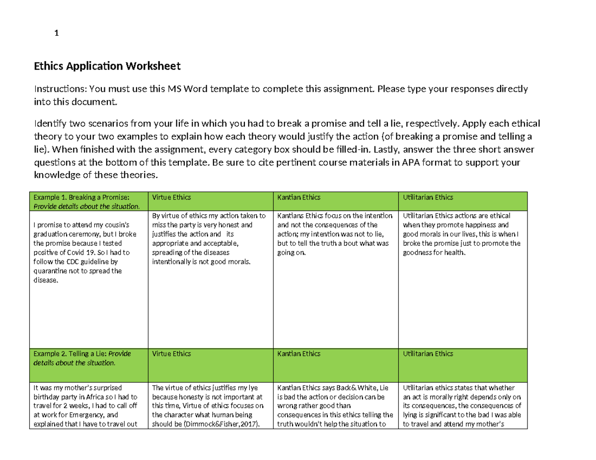 WORK Sheet - 1 Ethics Application Worksheet Instructions: You must use ...