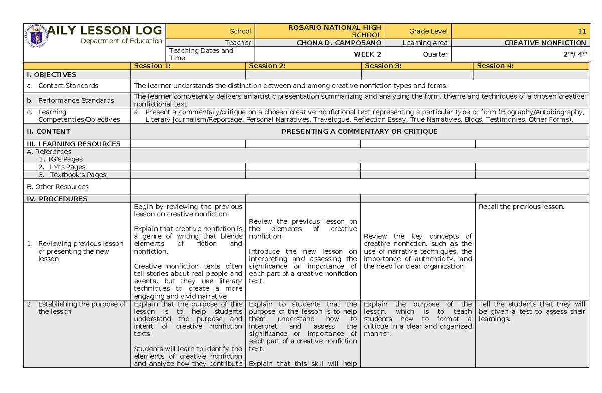 Creative Nonfiction 1 Quarter 2 WEEK 2 - DAILY LESSON LOG Department of ...
