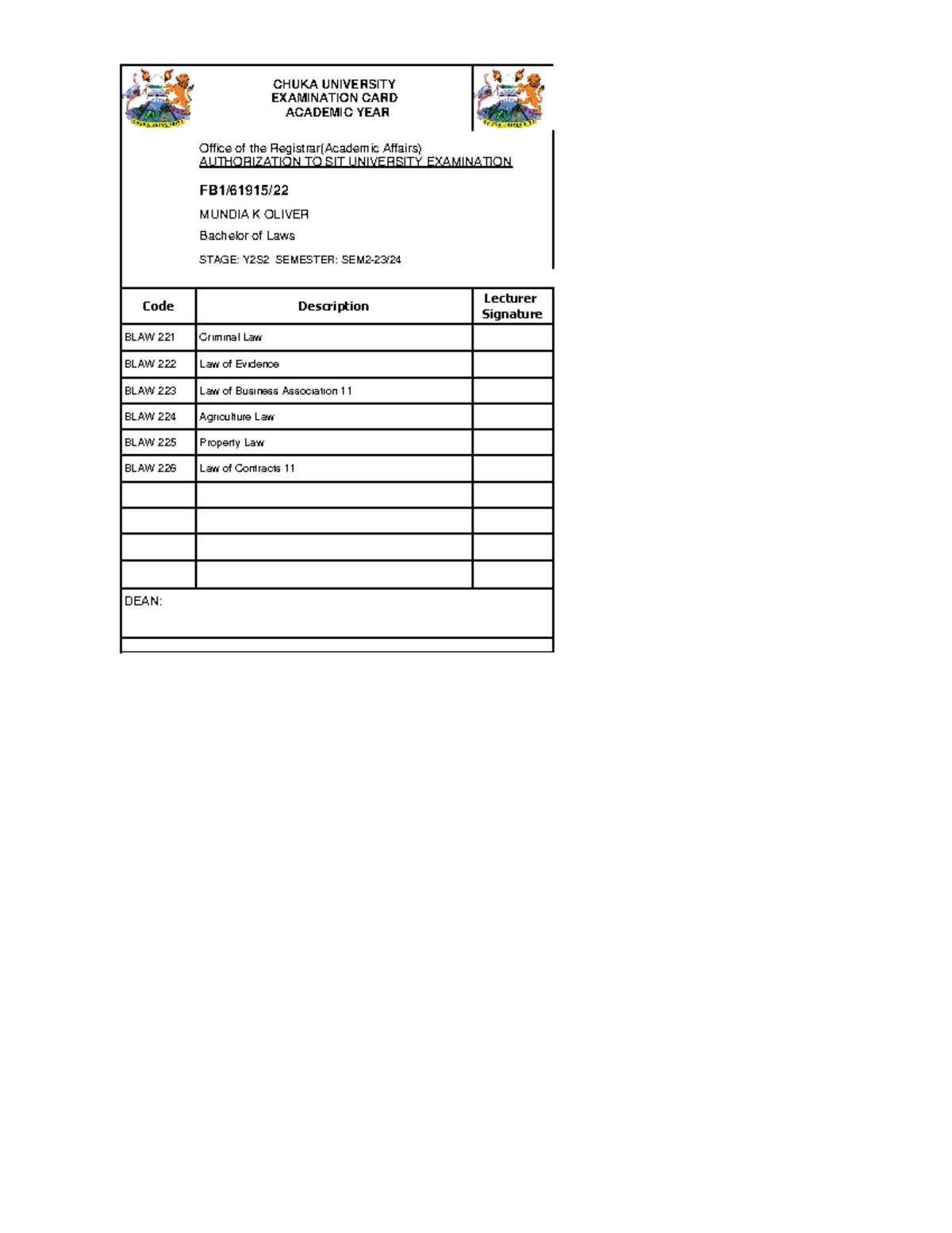 Examcard-FB16191522 - Exam card - CHUKA UNIVERSITY EXAMINATION CARD ...