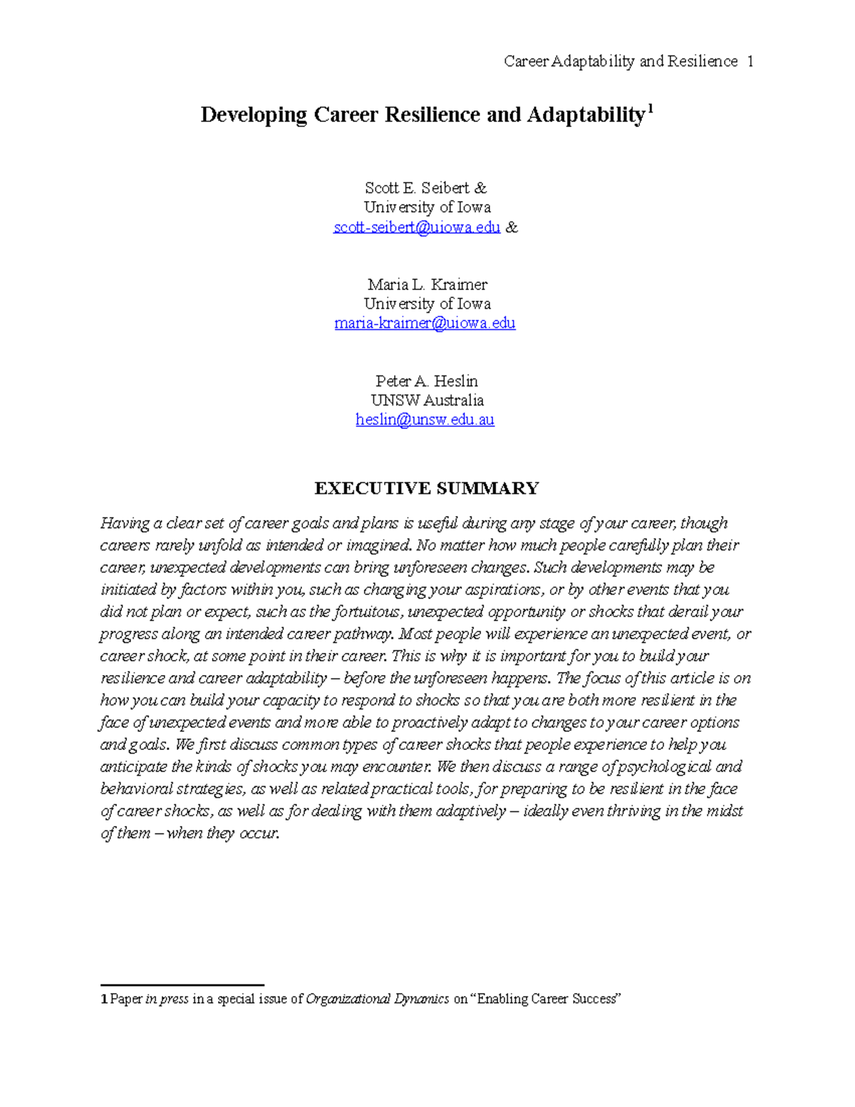 9 - Lecture notes - Developing Career Resilience and Adaptability 1 ...