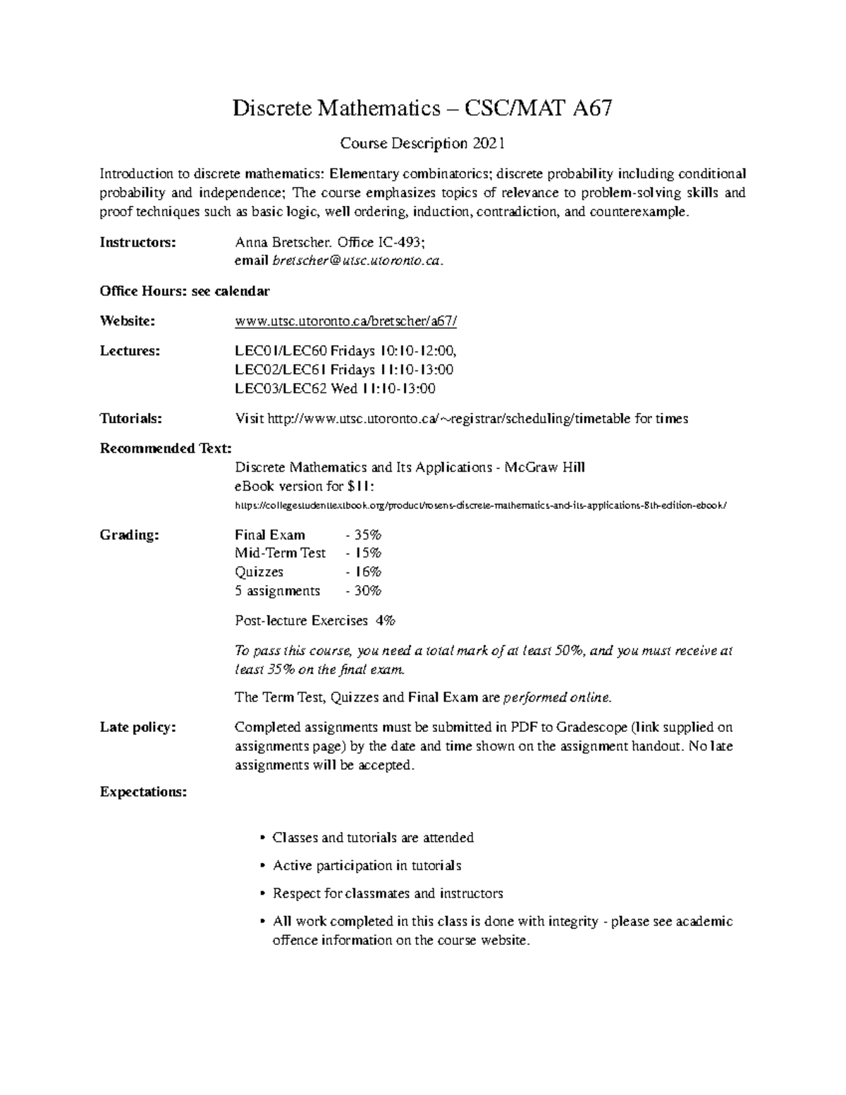 CSCA67 - course outline - Discrete Mathematics – CSC/MAT A Course ...